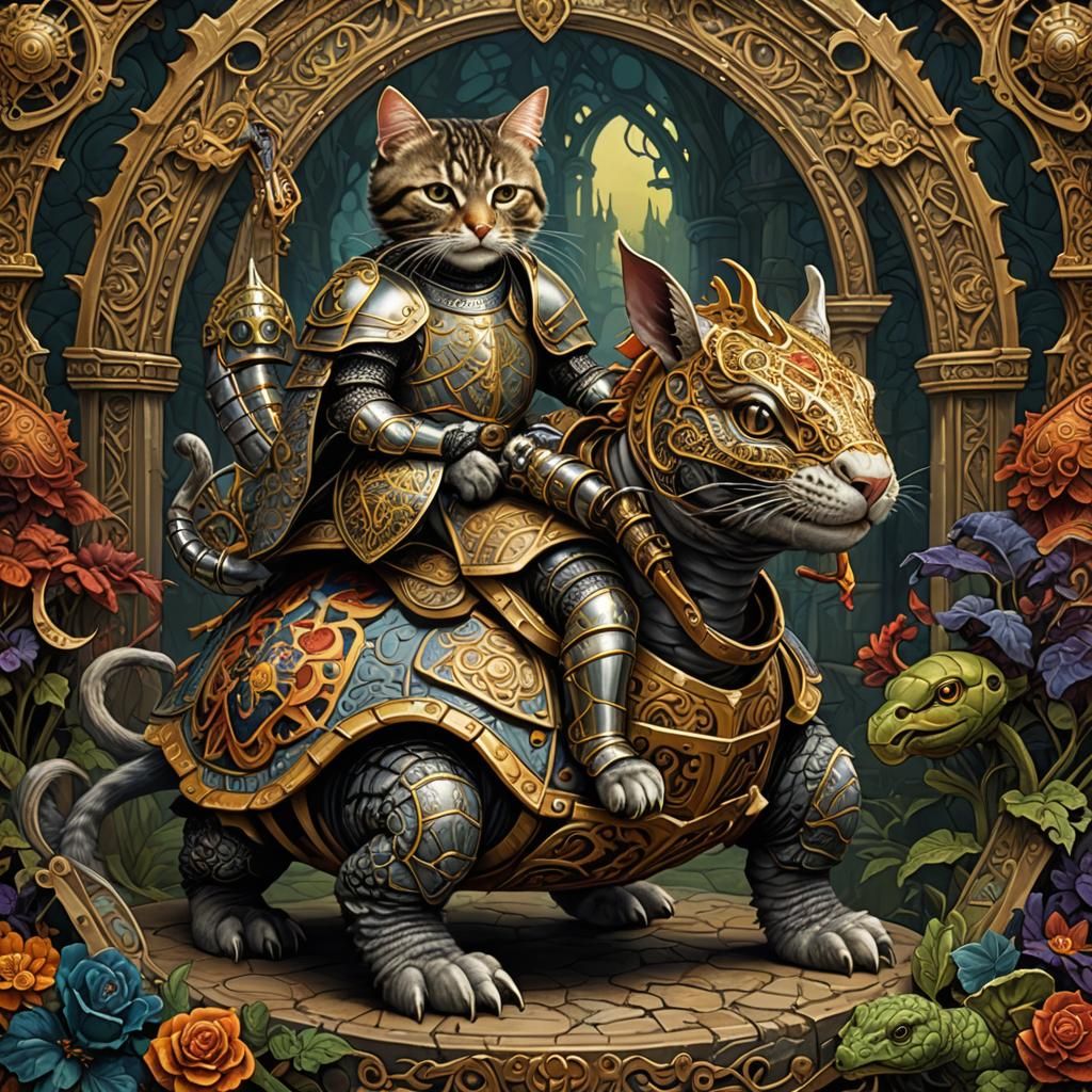 Feline Knight on his war turtle - AI Generated Artwork - NightCafe Creator