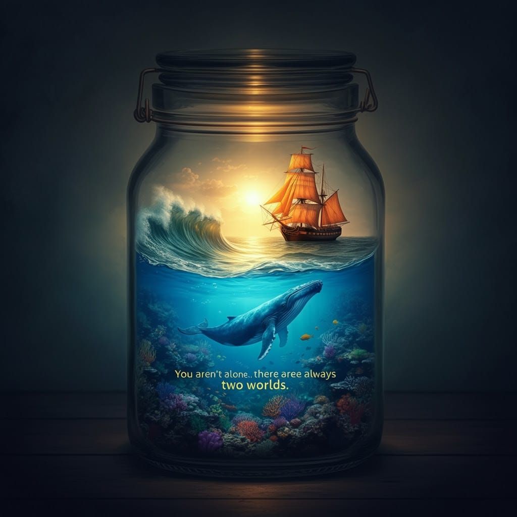 Surreal Glass Jar Scene with Sunset at Sea and Und... - AI Art