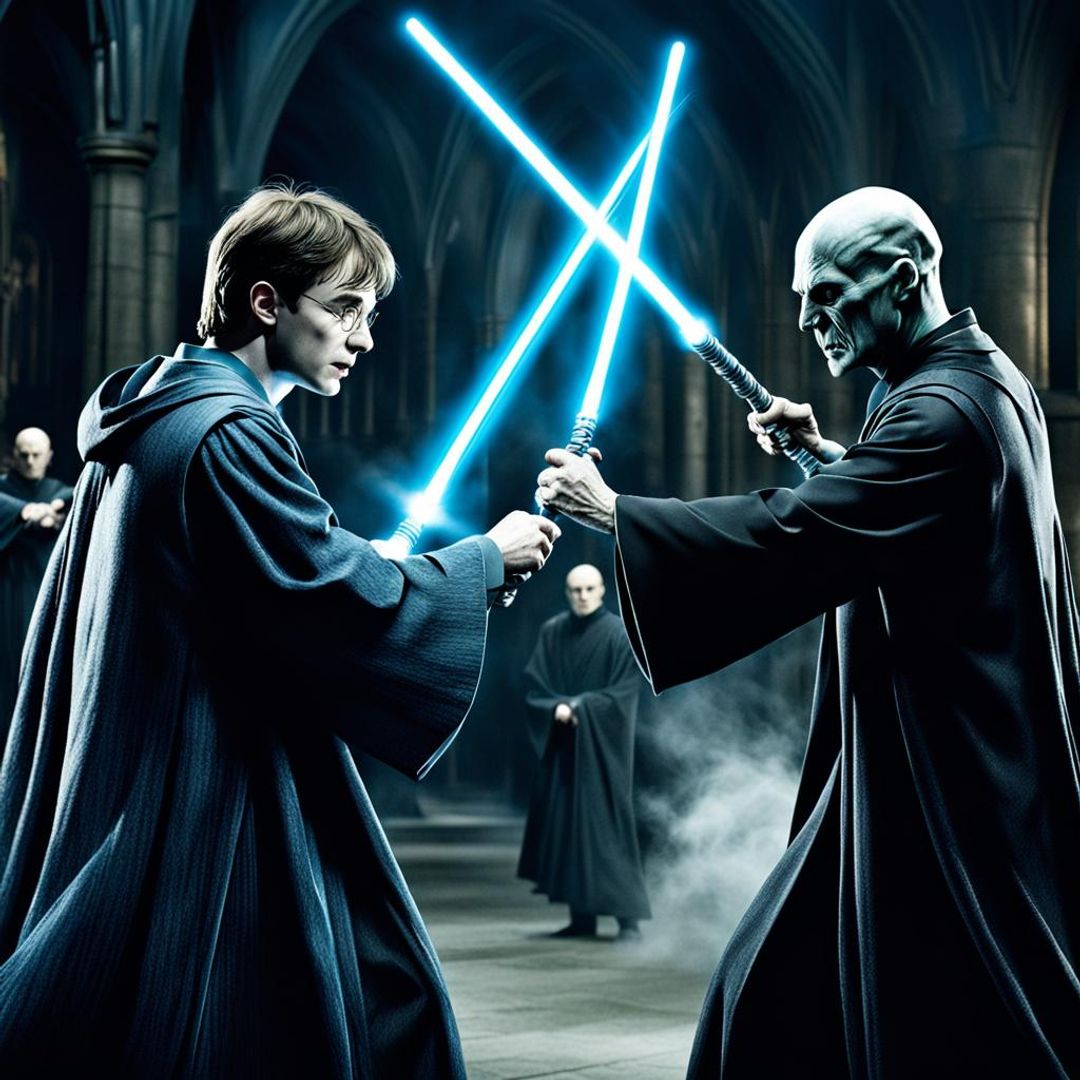 Harry Potter AND Voldemort, dueling with light sabers. Harry uses blue ...