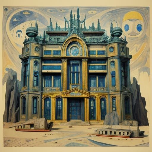 Surrealist Metropolis Libraries in Cosmic Style - AI Art