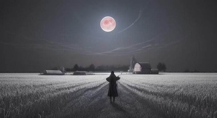 orbs grim reaper blood moon corn field dairy barn high contrast blue moonlight 78% - AI ...