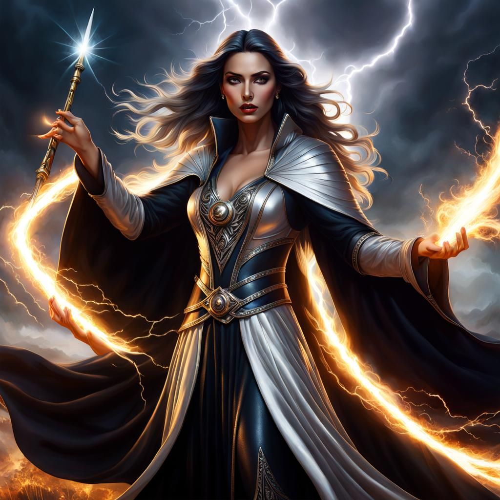 Magnificent powerful Witch, wearing a flowing silver robe, dark eyes ...