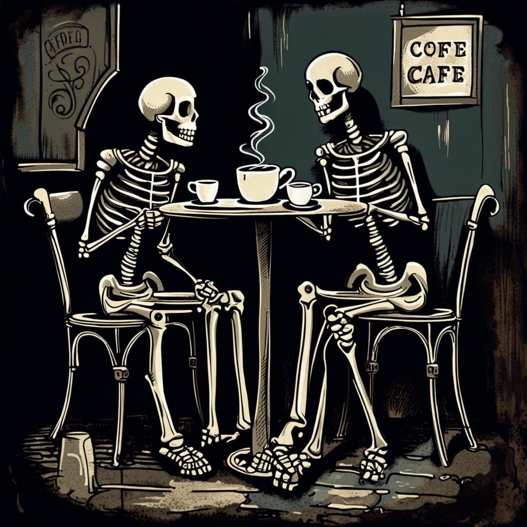 skeletons drinking coffee - AI Generated Artwork - NightCafe Creator
