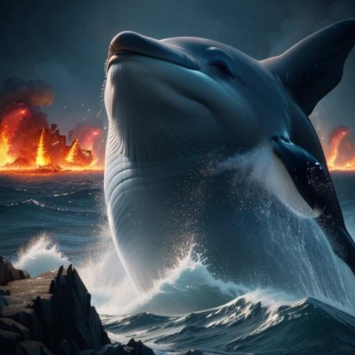 Fish dolphin whale jumping from flaming ocean - AI Generated Artwork ...