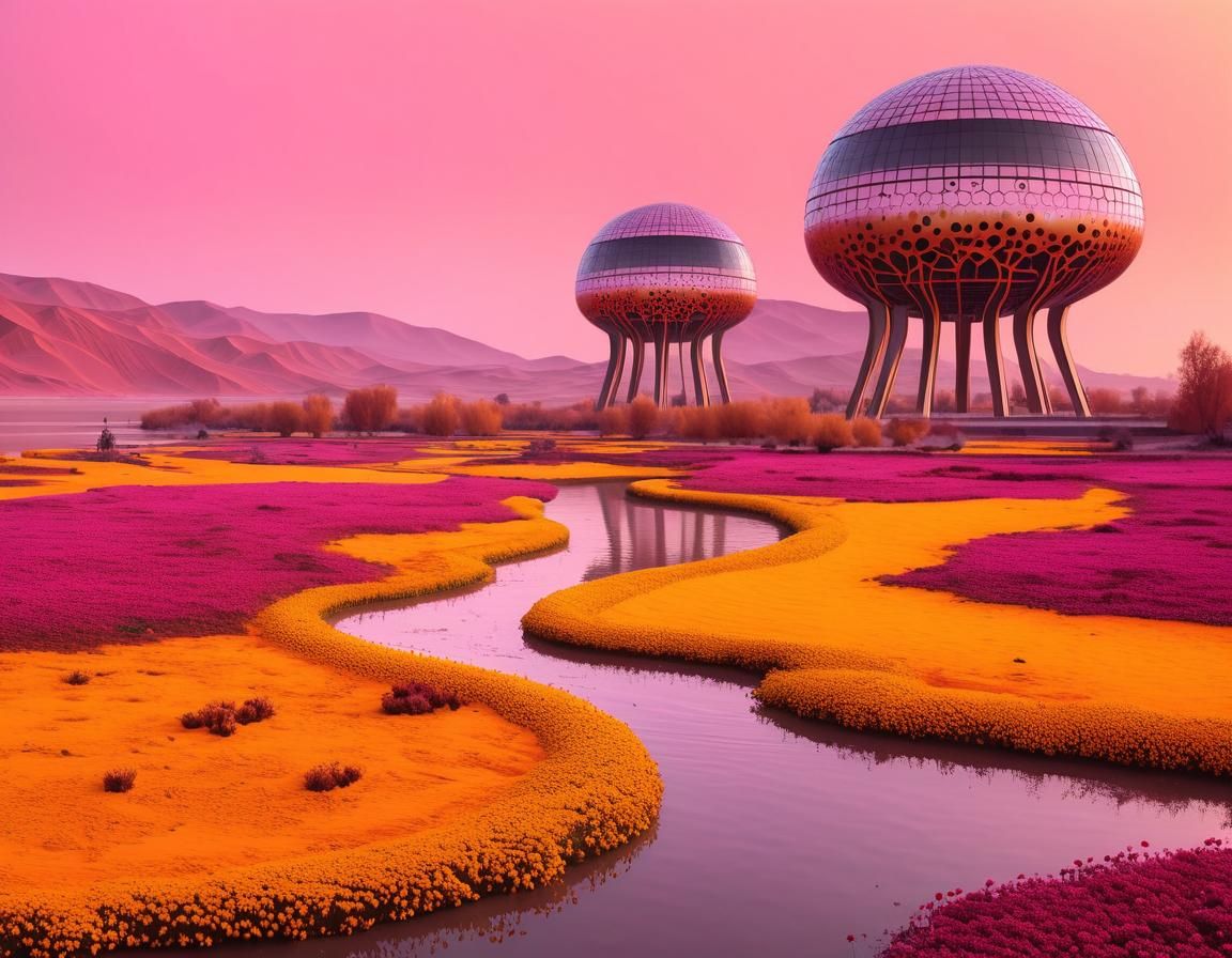 Alien planet with pale pink sky, powder pink earth, apricot colored ...