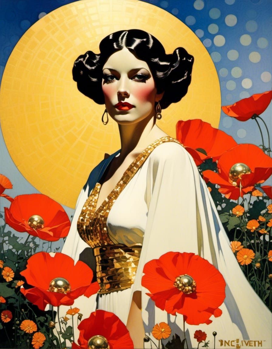 N.C. Wyeth, Olga portrait, golden shimmer, blooming poppy flowers and ...