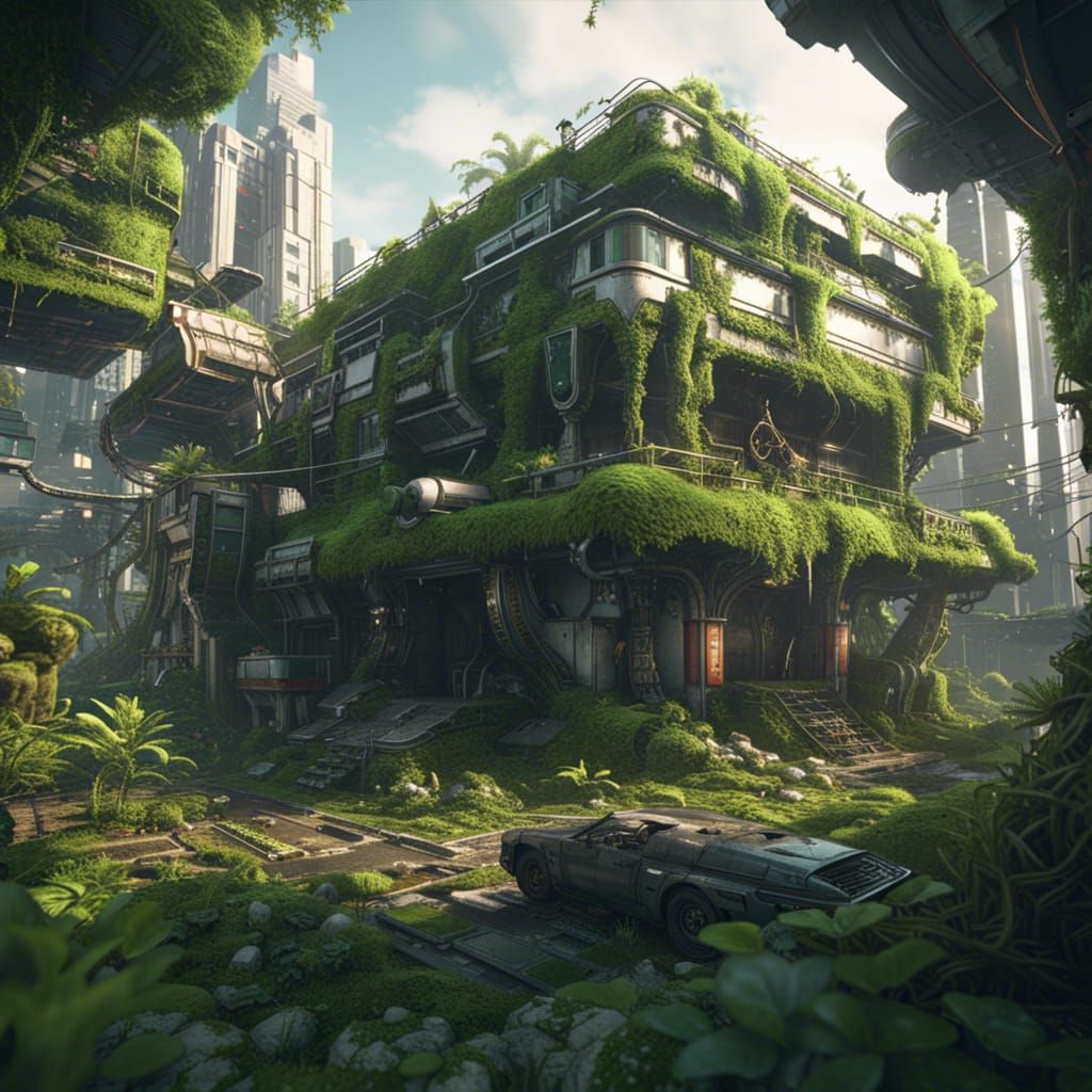Overgrown indian curry city covered in vines and moss intricate mech ...