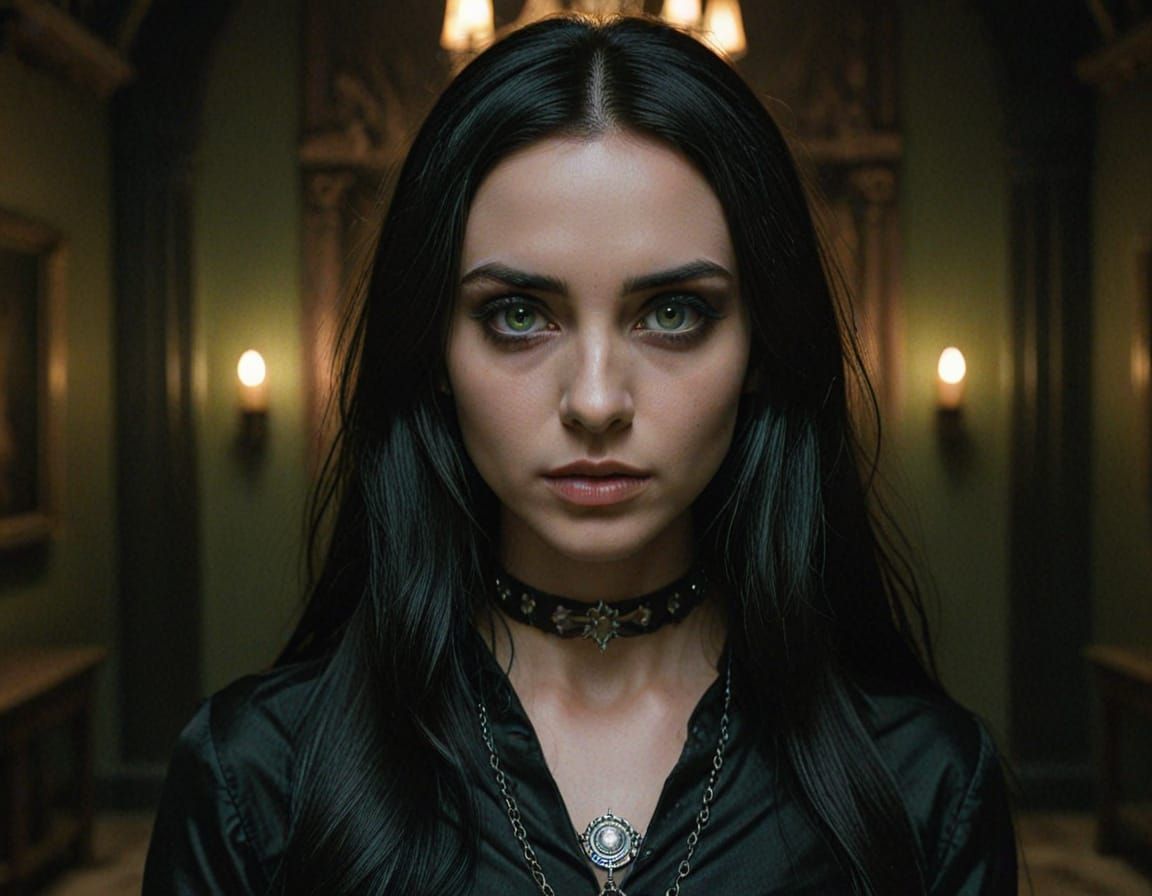 Young female with long black hair, dark hairy eyebrows, bright glowing ...