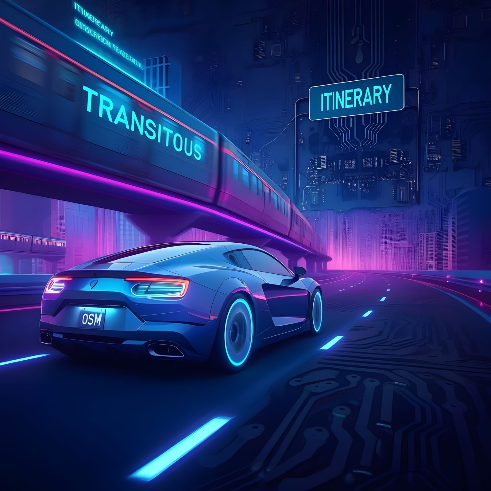 Cyberspace Scene with Elevated Train and Car - AI Art