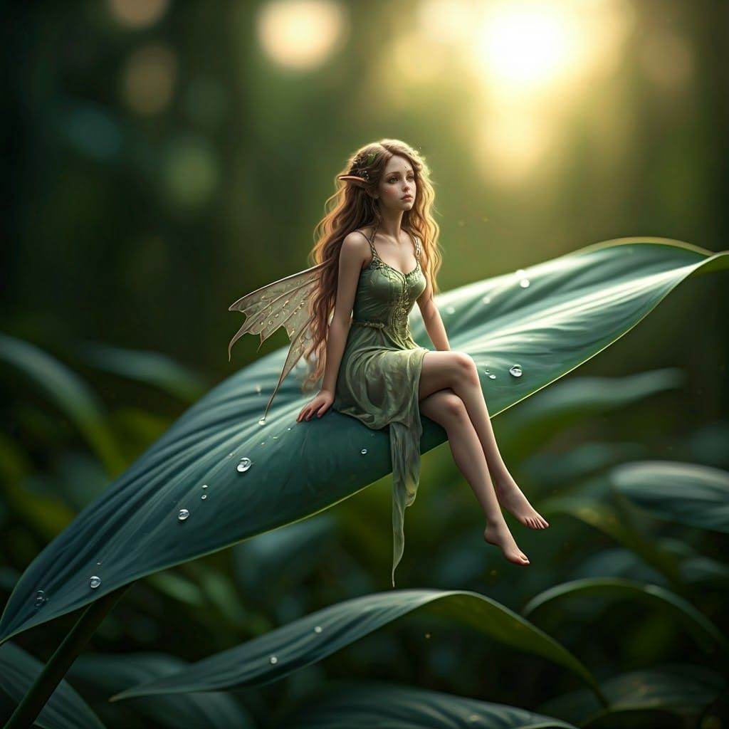 Faerie on a Leaf - Lifelike Faerie in a Garden Oasis