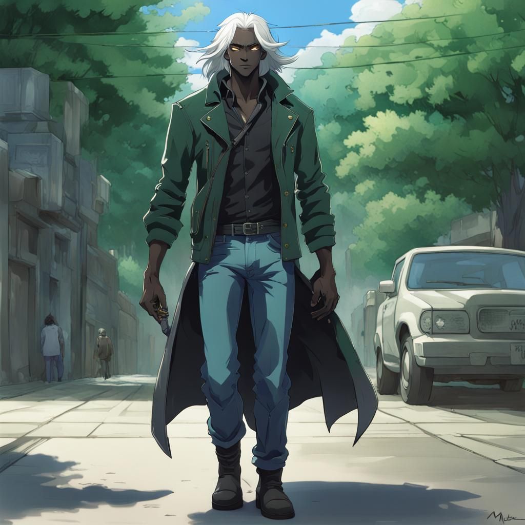 A full body image of a handsome male Drow. He has dark grey skin ...