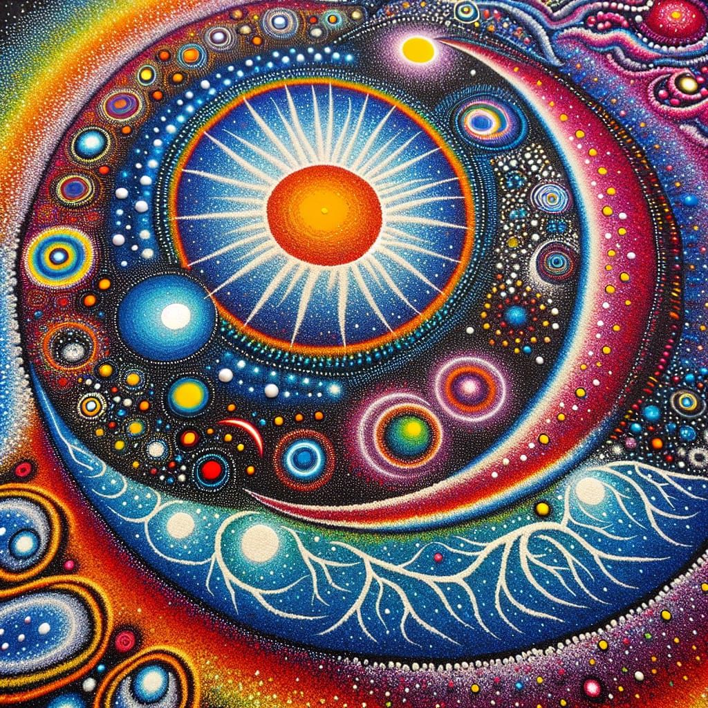 Close up view of an aboriginal sun-moon sand painting.