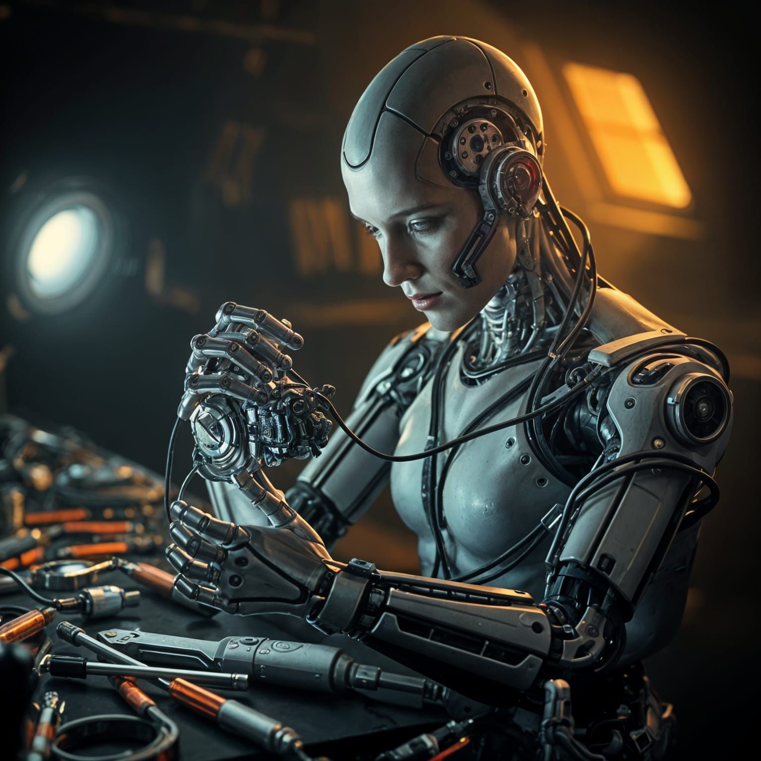 Repair - Cyborg in Repair, Hyperrealistic Photography
