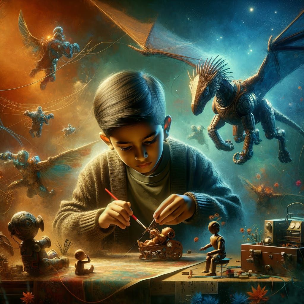 Young Inventor Crafts Fantastical Toy in Vibrant F... - AI Art