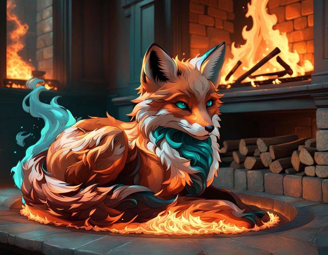 a fox made of fire curled up in a fireplace, hearth, embers. - AI ...
