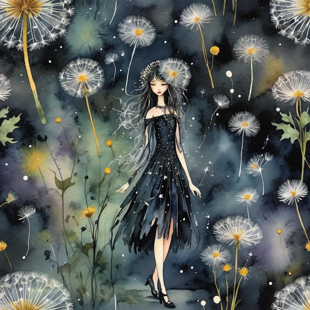 watercolor, A dandelion dark wish fairy, gothic whimsical ethereal cute ...