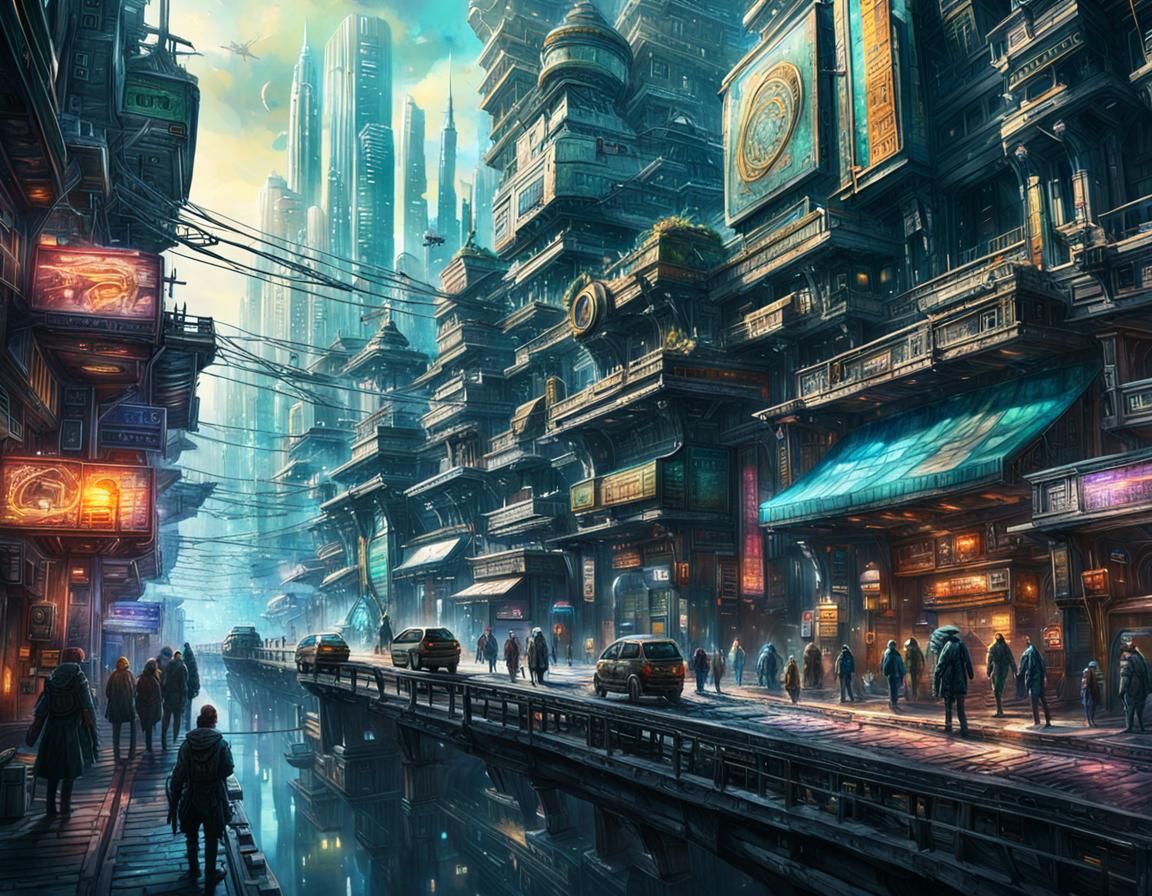 Ancient civilization mixed in with advanced technology, watercolors ...