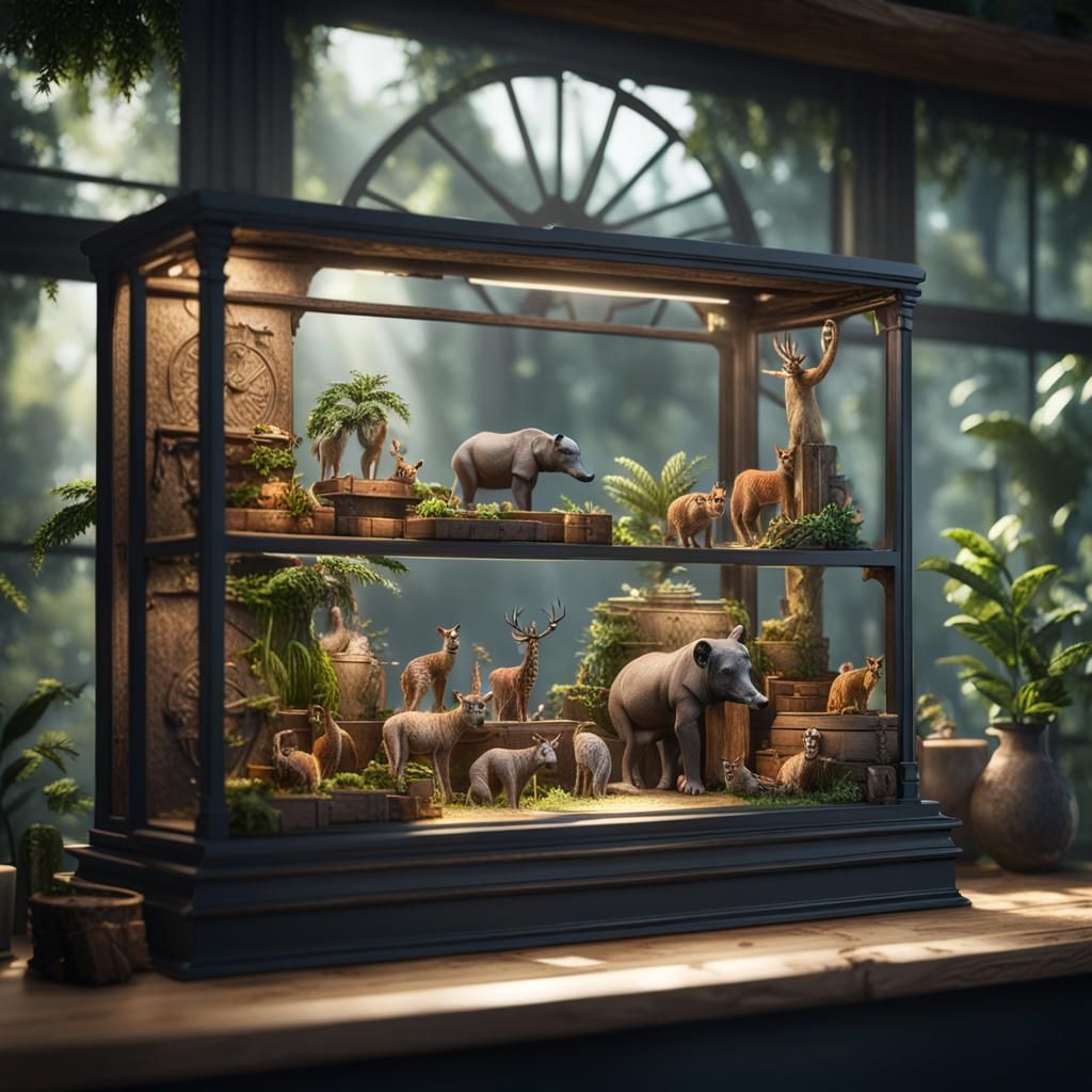 Miniature Zoo on a window shelf - AI Generated Artwork - NightCafe Creator