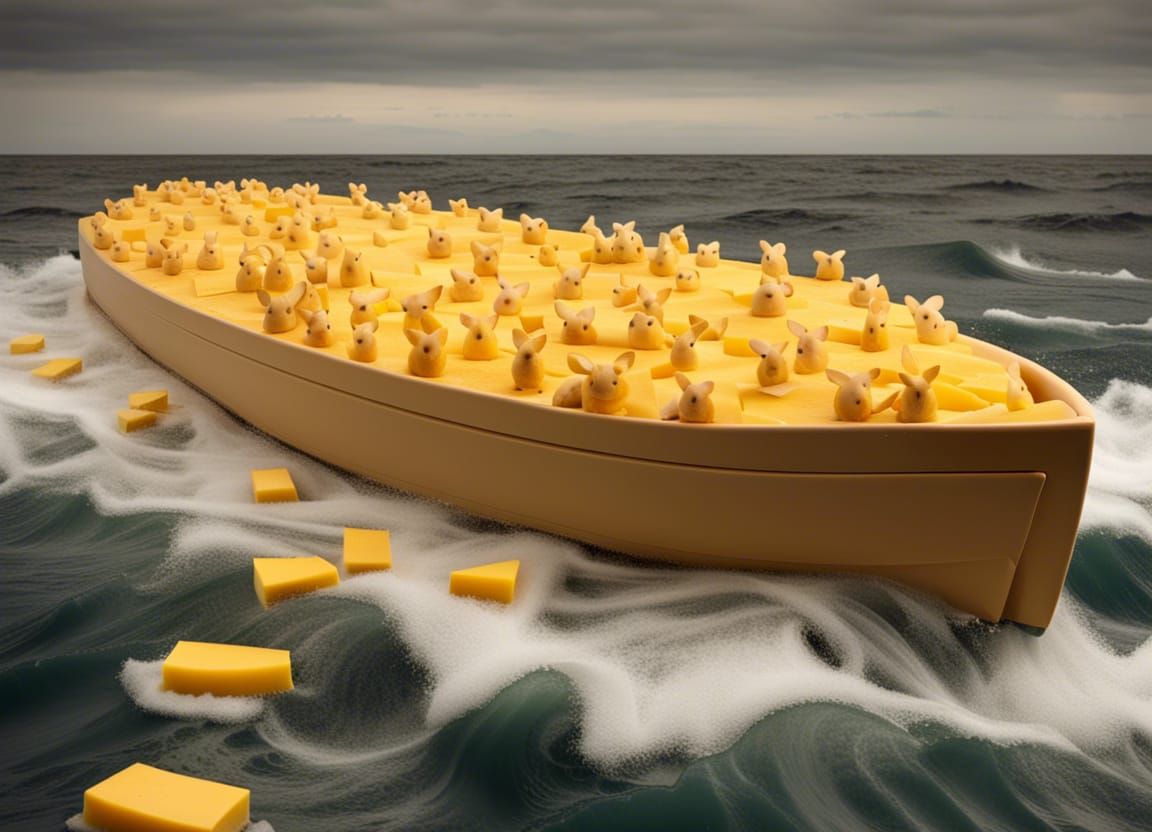 Hundreds of mouse on a Kraft cheese boat made of cheese from a cheese ...
