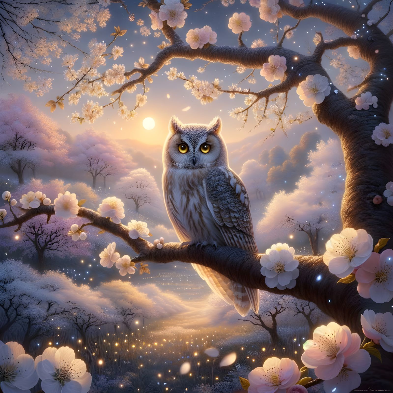 . Luna the Springtime Owl::a serene spring evening, where a majestic ...