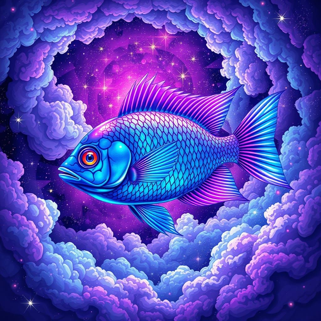 Electric Blue Acara in Cosmic Astral Vortex - AI Art