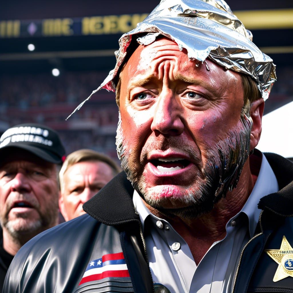 Accurate looking Alex Jones wearing tin foil hat ugly crying in filthy ...