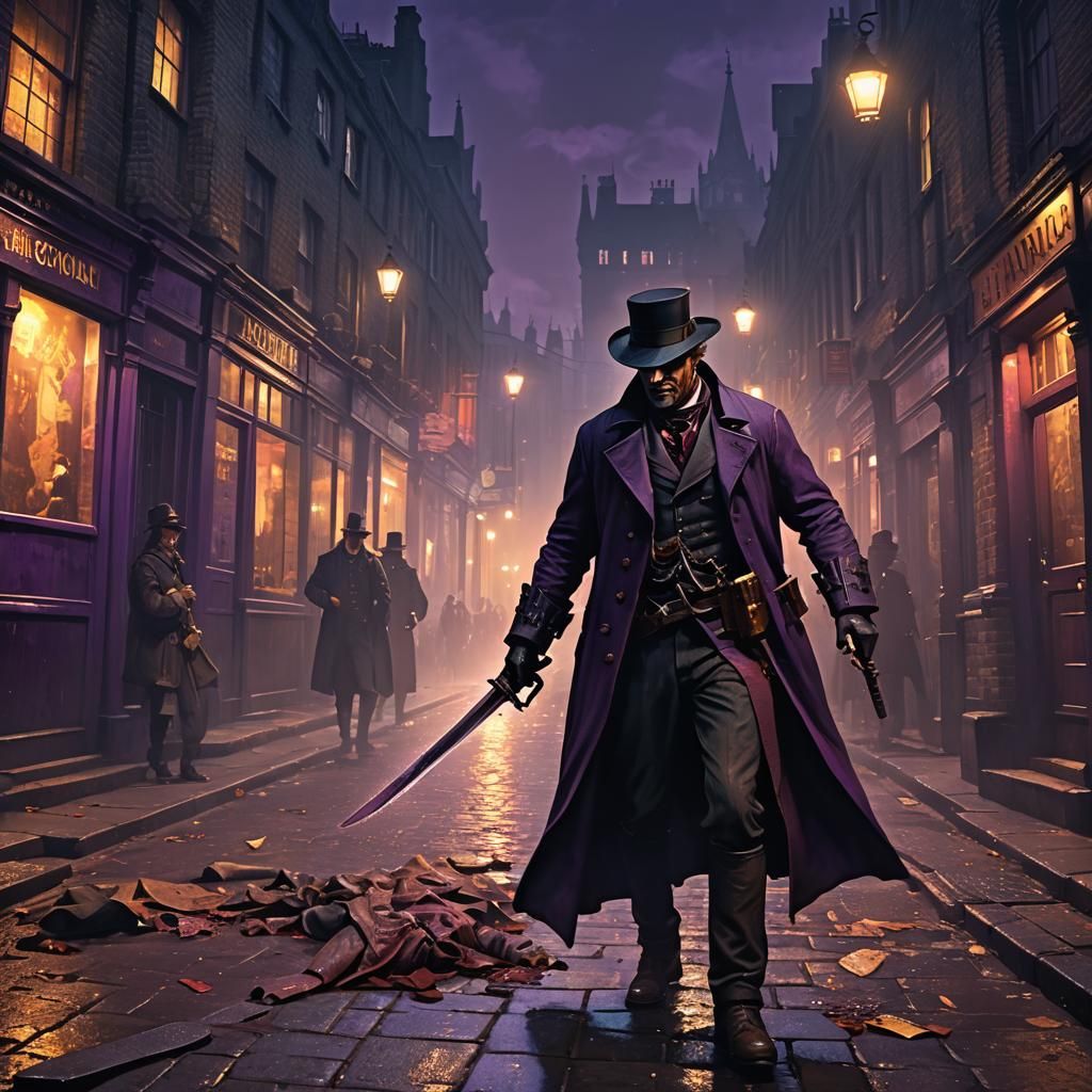 Jack the Ripper with bloody knife on the streets of London at night ...