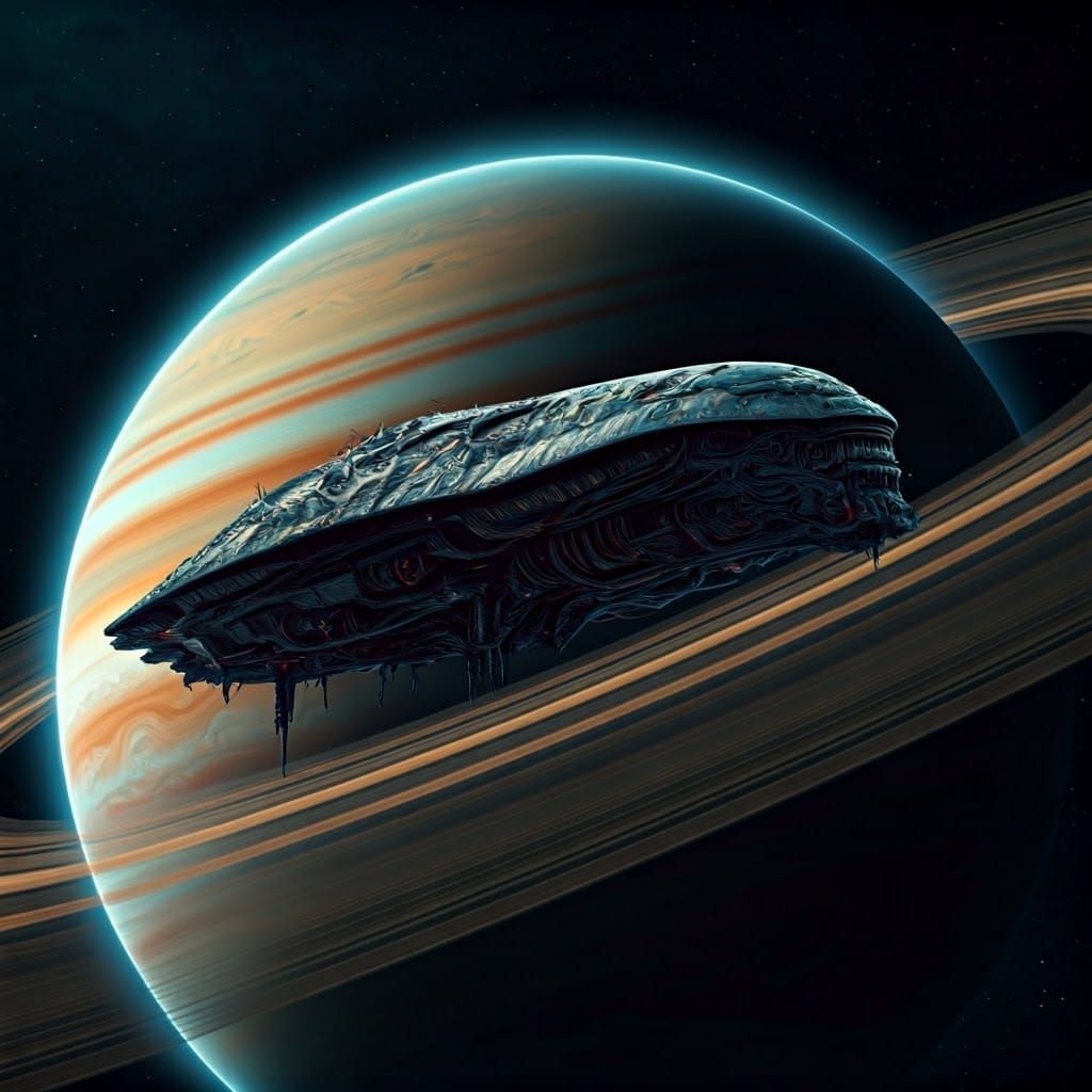 Alien Mothership Confronts Gas Giant in Cosmic, Ps... - AI Art