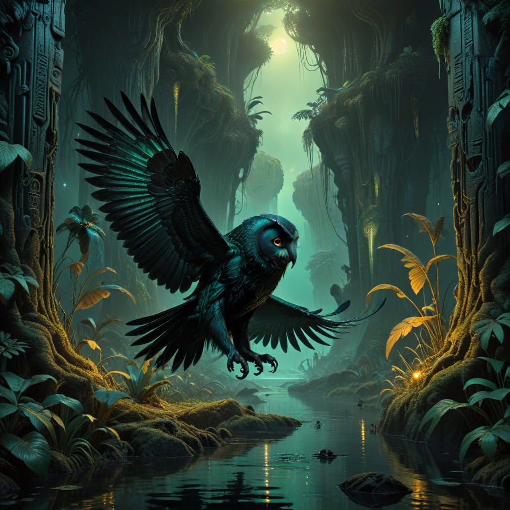 Ethereal Black Owl Soars Above Dreamlike Jungle Re... - AI Art