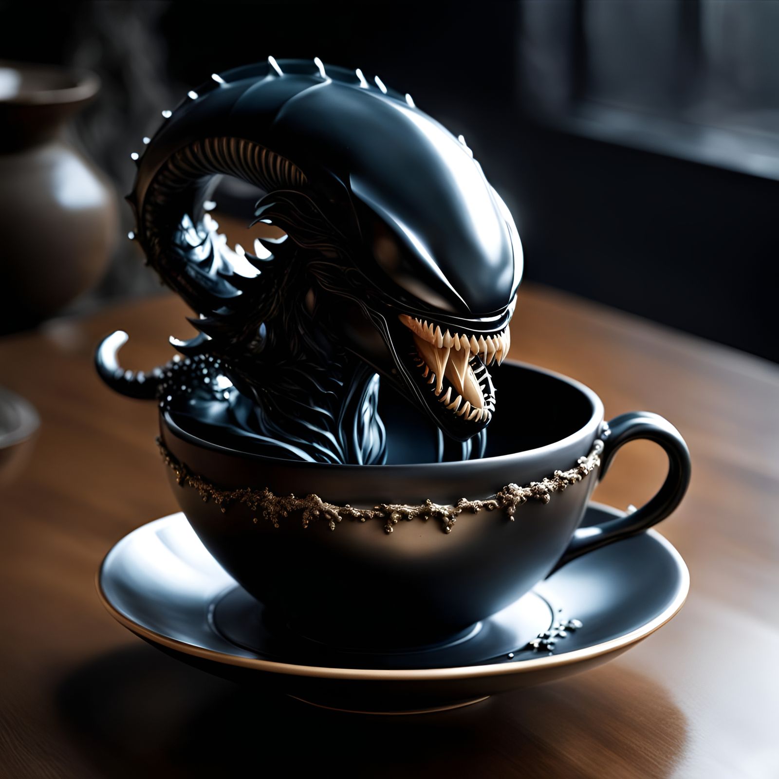 a ceramic clay teacup shaped as a crazy symbiote xenomorph,soft ...