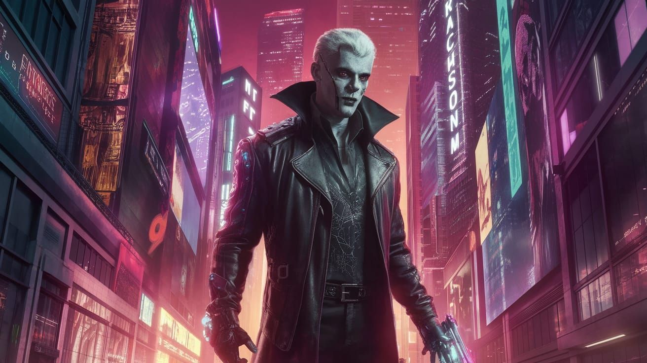 A sleek, high-tech vampire using futuristic gadgets in a cyberpunk ...