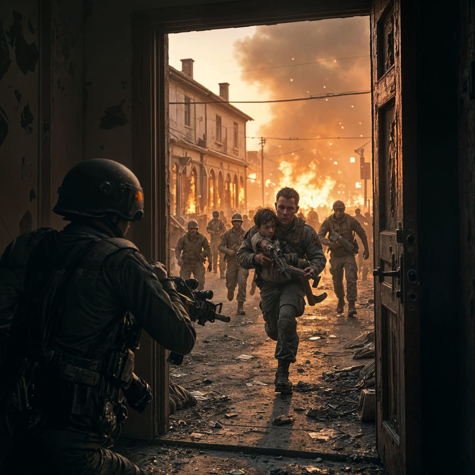 Desperate Soldier Fleeing M-CAV-1 Infected in Ruin... - AI Art