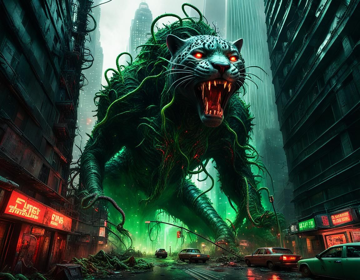 Urban jungle - Macabre Cronenberg Monster in Neon Jungle Ci...