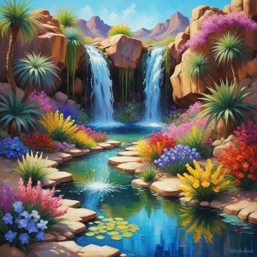 Impasto Cascade Hallucination, Flowers, falls, pond, Desert Oasis ...