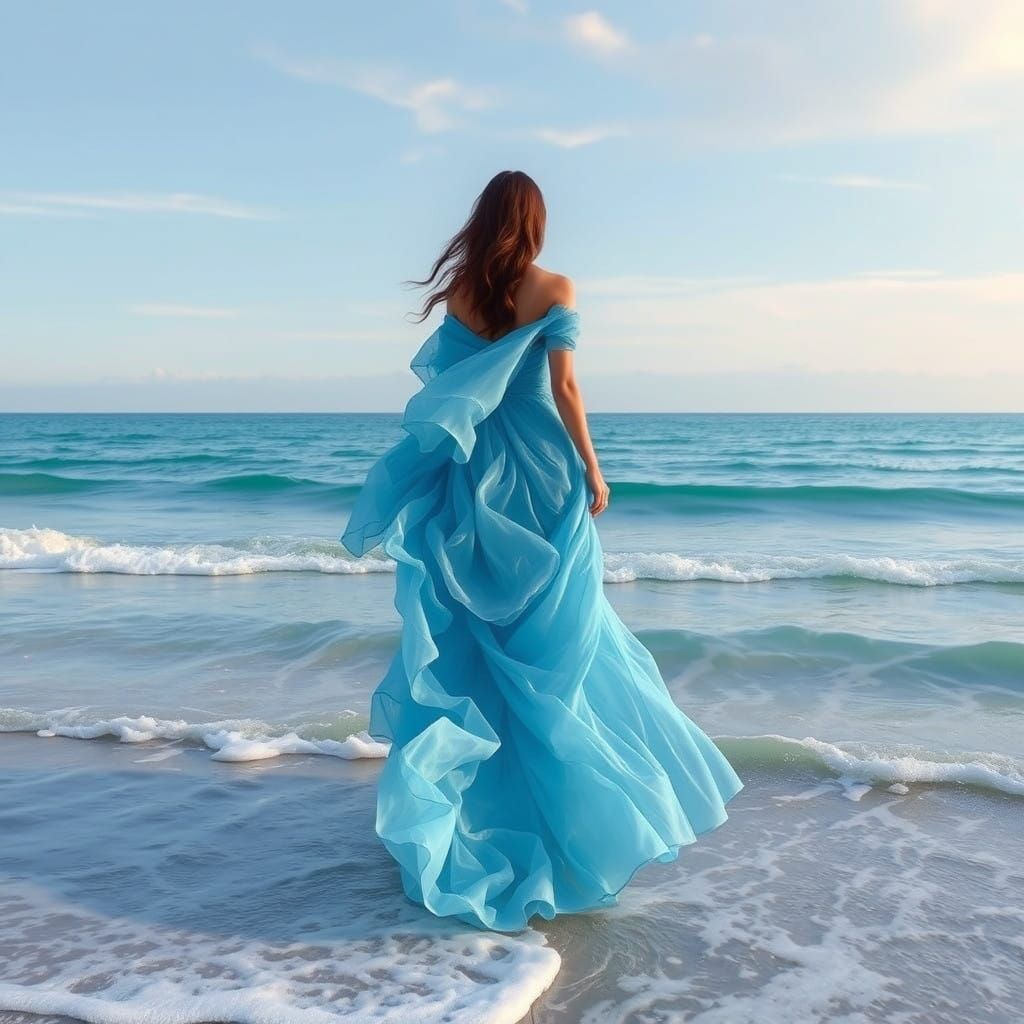 This image shows a serene ocean goddess walking away from the viewer, surrounded by a harmonious ...