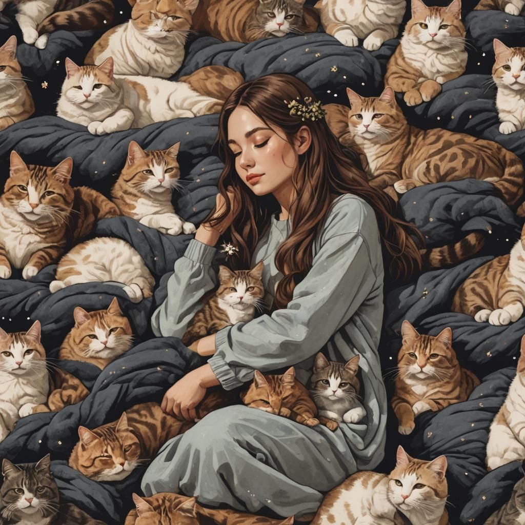 A girl dreaming a cat (precisation: a lot of cats) - AI Generated ...