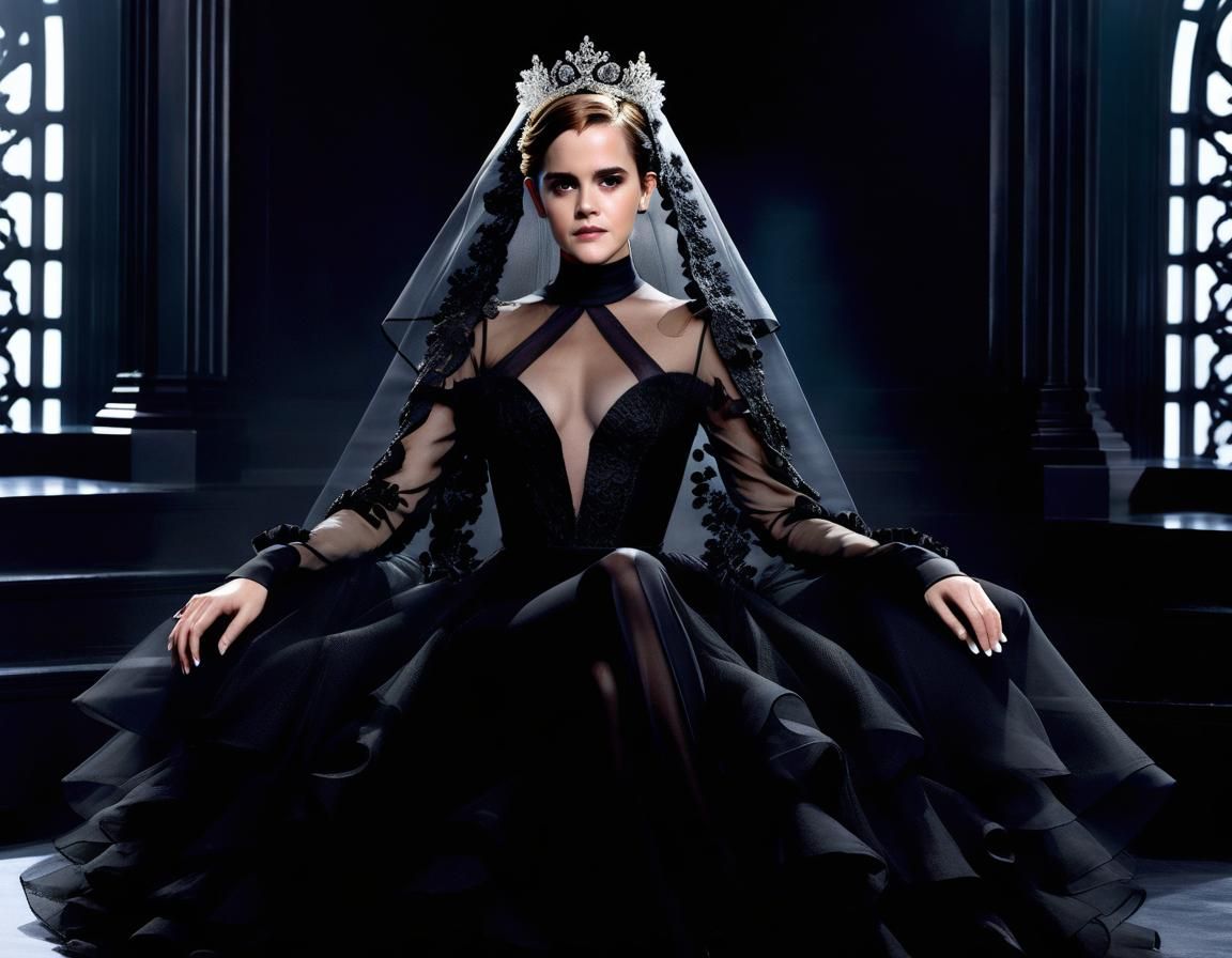 Emma Watson, extremely transparent sheer black ruffle bodysuit, show full body, intricate ...