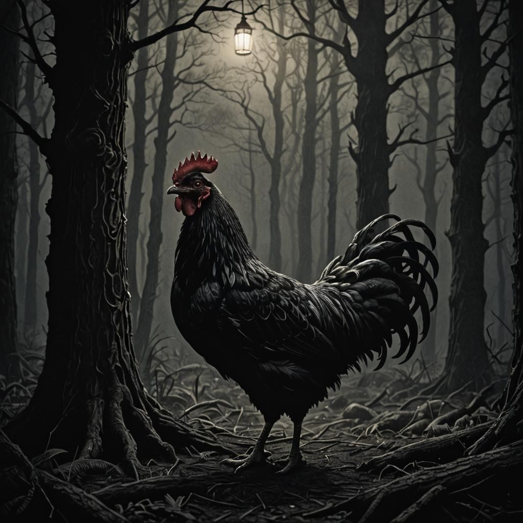 Serious Chicken - Gothic Chicken in Dark Forest Woodcut