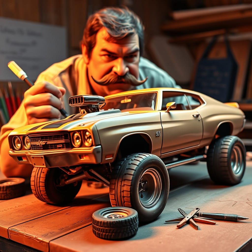 A gruff man with a handlebar mustache sculpting a clay model of a 1970 ...