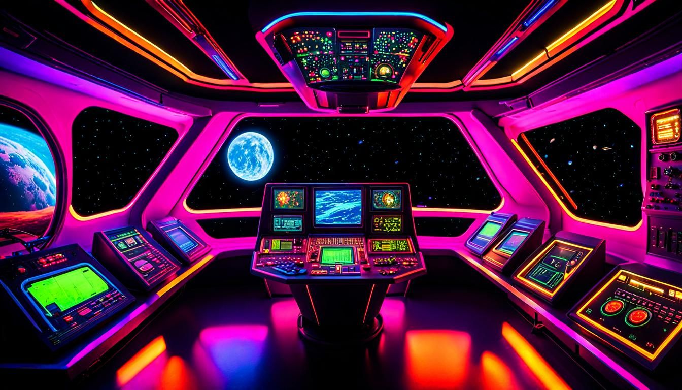 View from outter space, looking out of a large window in a space ship ...