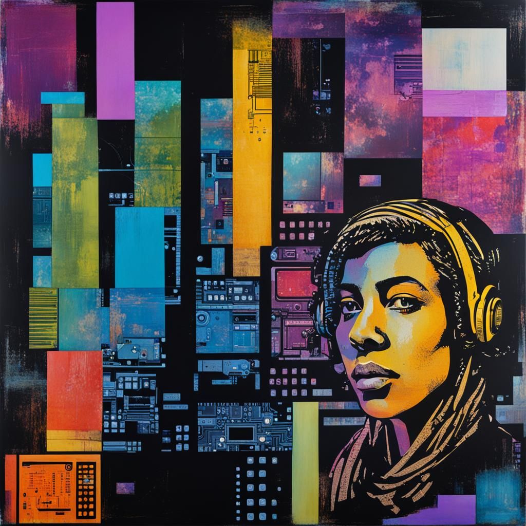 a mixed media patchwork portrait of Female a computer programmer using ...