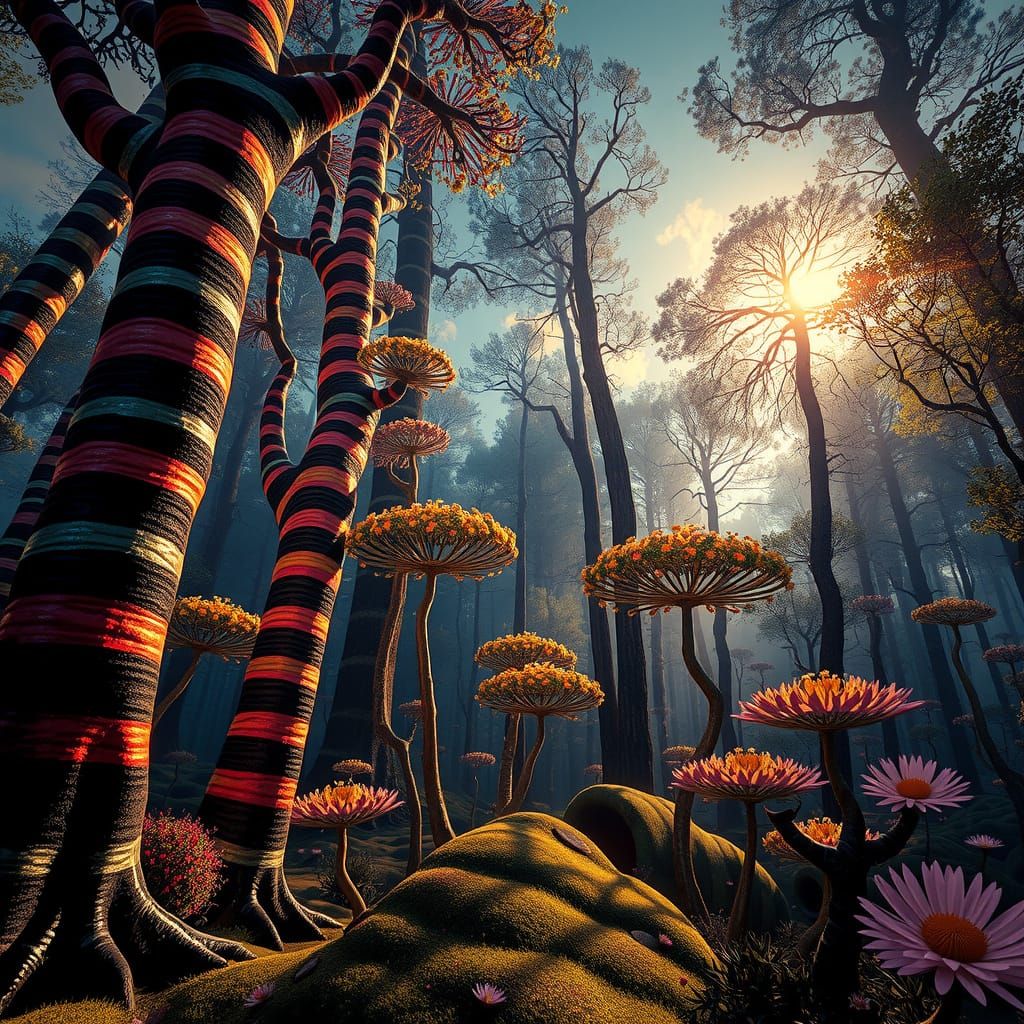 Hyperrealistic Forest of Striped Trees and Fantast... - AI Art