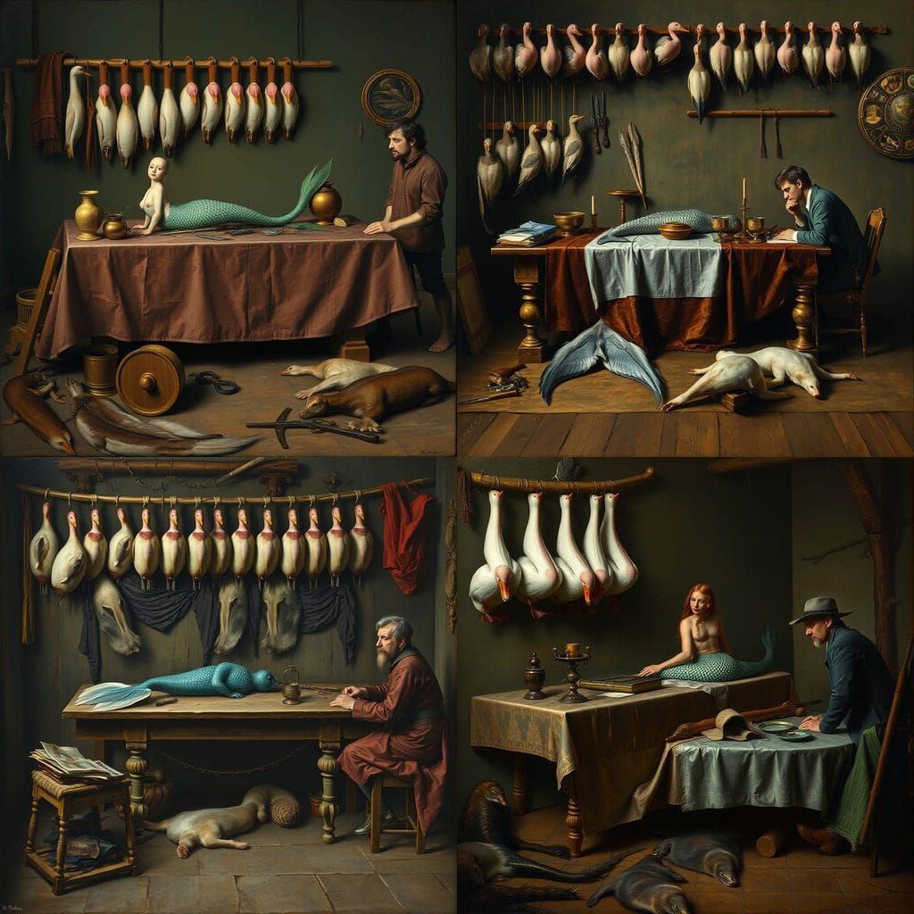 hunter’s table,. with a mermaid on the table, pelts of endangered ...