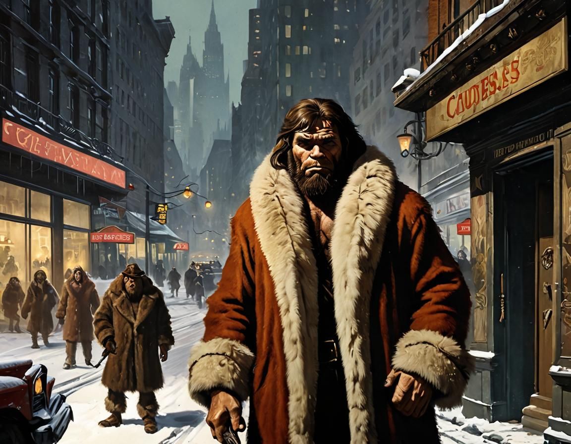 caveman dressed in furs with club in hand on manhattan in 1960 - AI ...