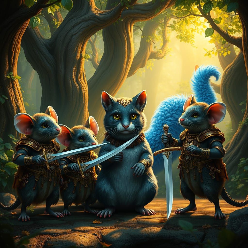 Mice in Acorn Armor, Holding Majestic Cat Hostage - AI Art