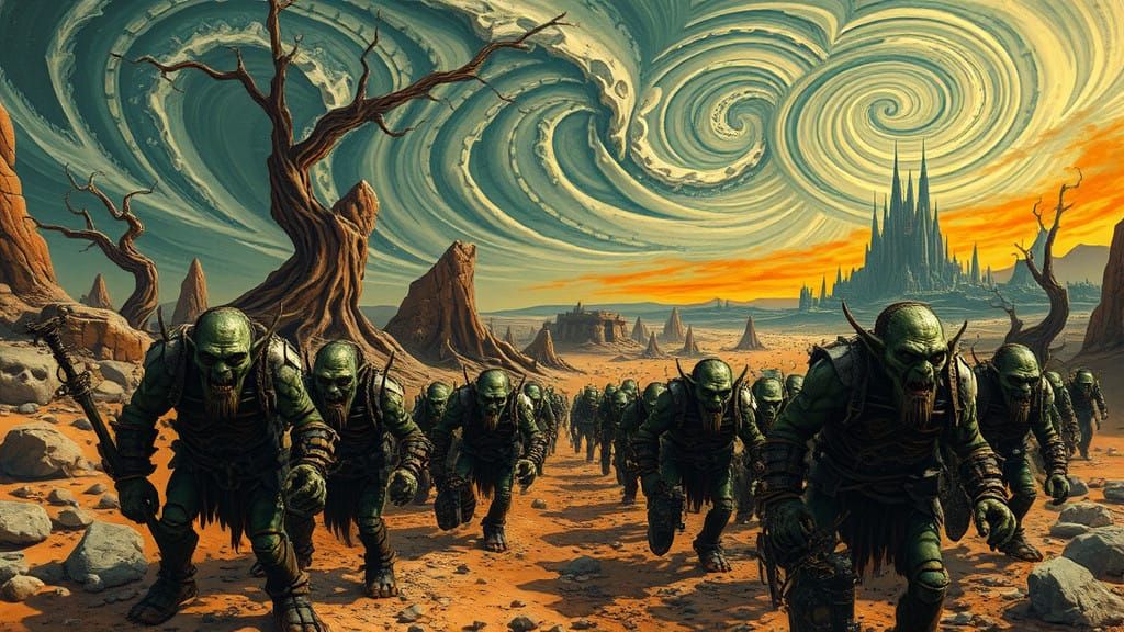 Dark Fantasy Orcs Trek Through Apocalyptic Desert - AI Art