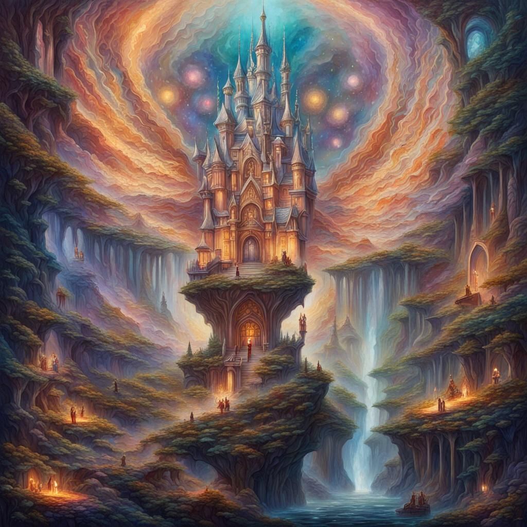 transcend dimension of a beautiful magical world, shimmering layers ...