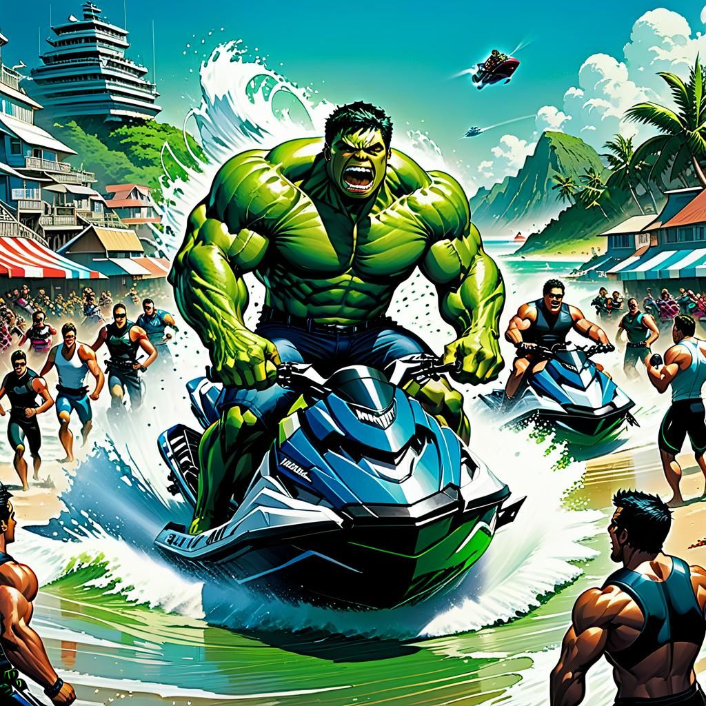 Hulk, runaway jet ski, - AI Generated Artwork - NightCafe Creator