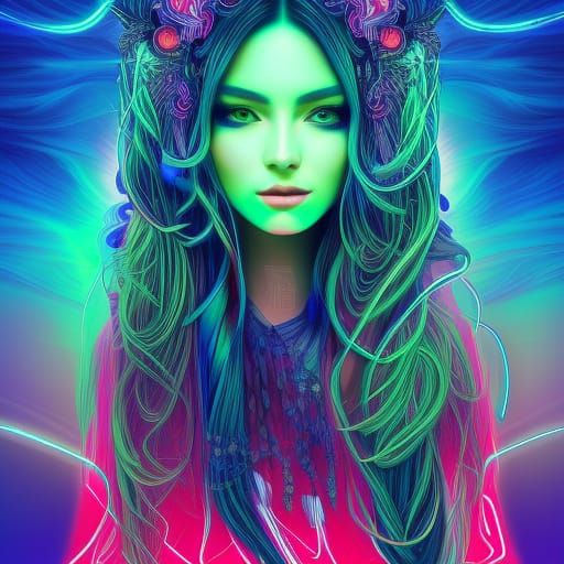 Beautiful neon Lunarpunk Goddess with Long Indigo flowing Hair and ...