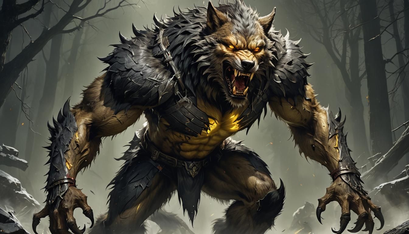 Muscular Werewolf in Mid-Transformation, Exposed i... - AI Art